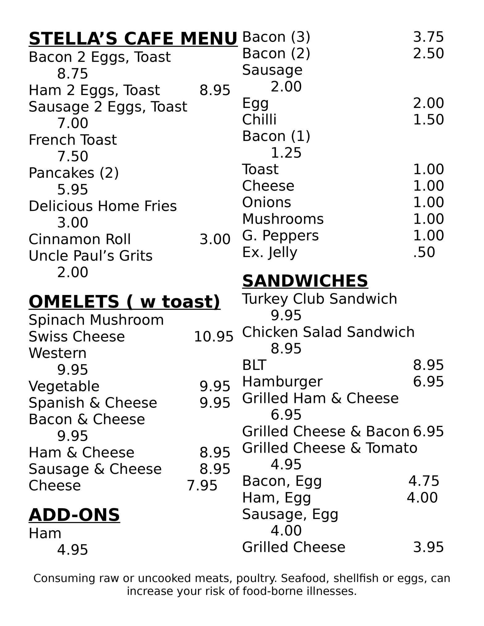 Menu – Stella's Cafe